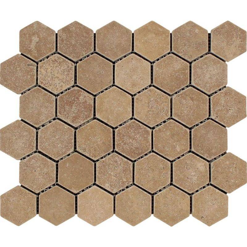 Noce Travertine 2x2 Hexagon Tumbled Mosaic Tile | TileState