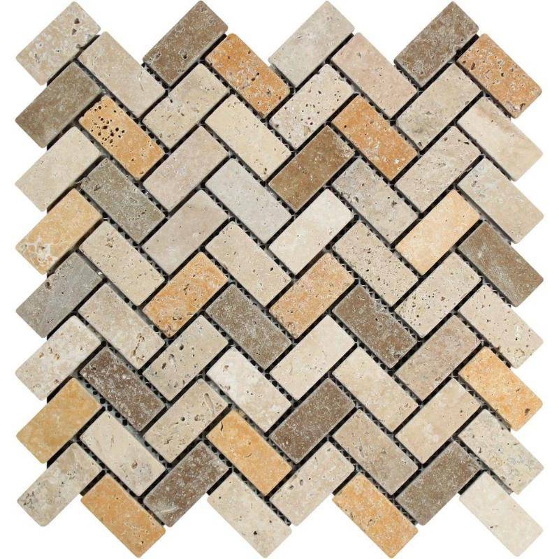 Mixed Travertine 1x2 Herringbone Tumbled Mosaic Tile | TileState