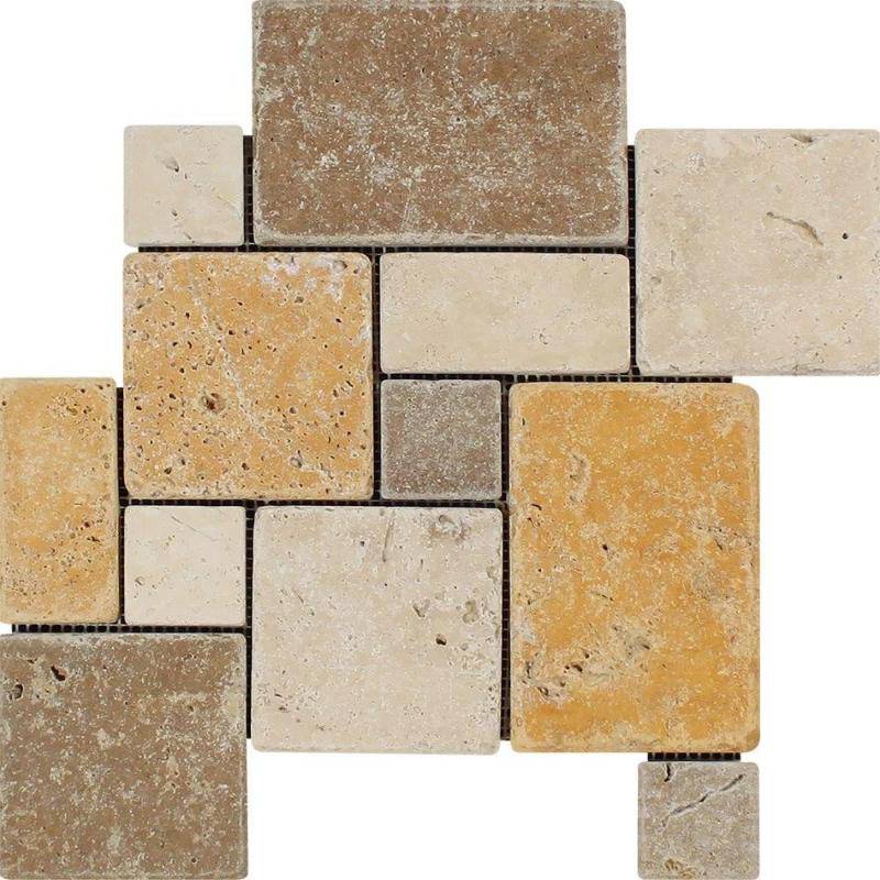 Mixed Travertine Opus Mini Pattern Tumbled Mosaic Tile | tilestate
